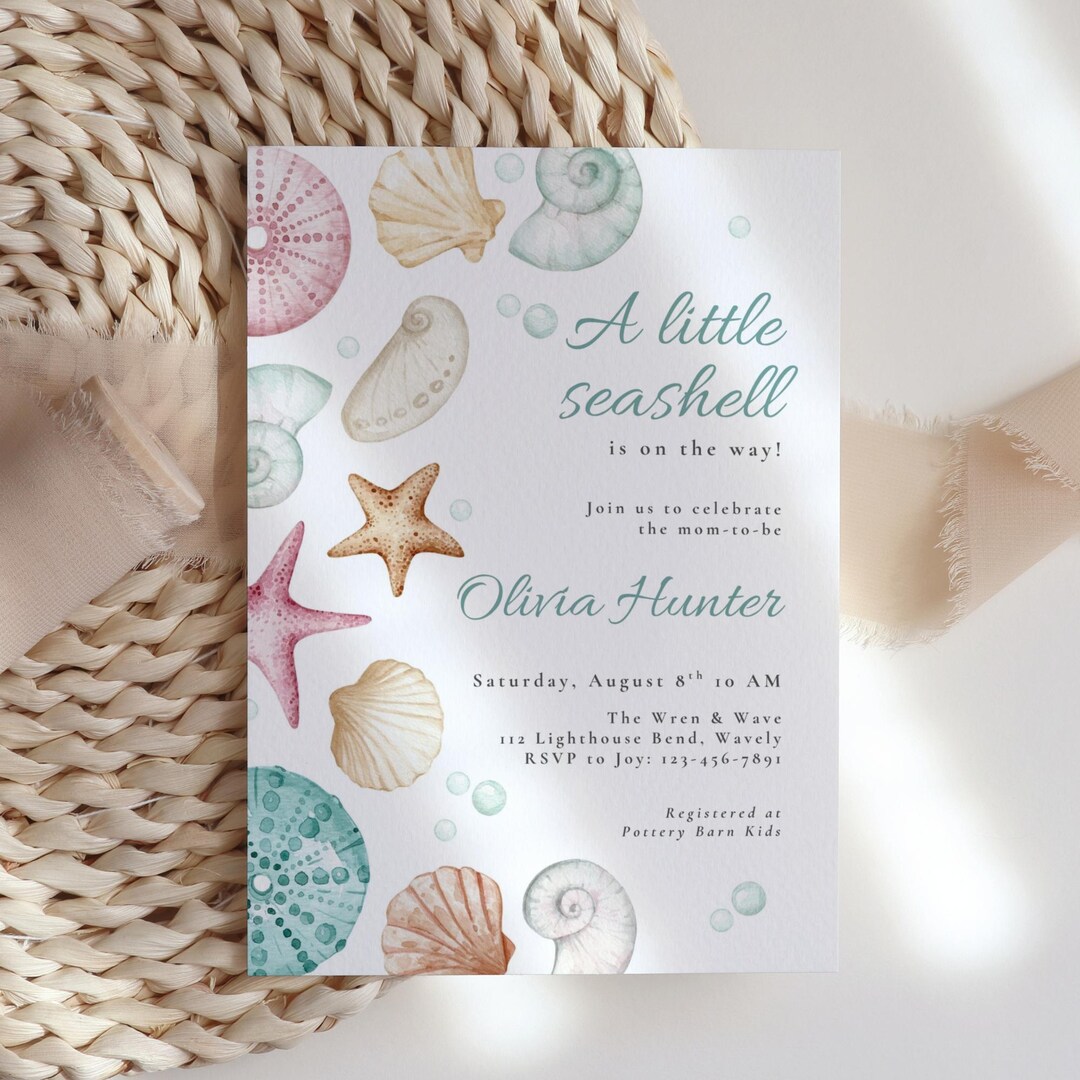 Seashell Baby Shower Invitation Template: Coastal Beach Theme (digital ...