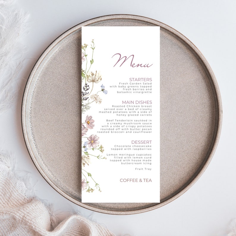 Wildflower Menu Card Template Bridal Shower Menu Template Editable ...