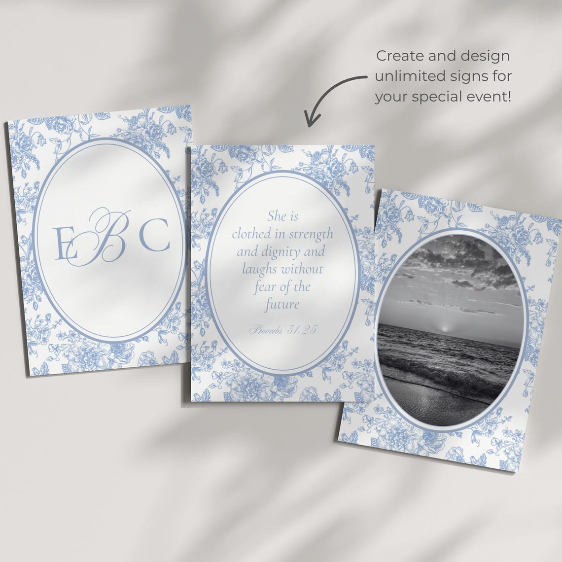 Blue Toile Printable Sign Template: Editable Floral Design (digital ...
