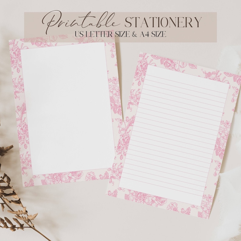 Floral Border Printable Stationery Set: Pink Toile Design (digital ...