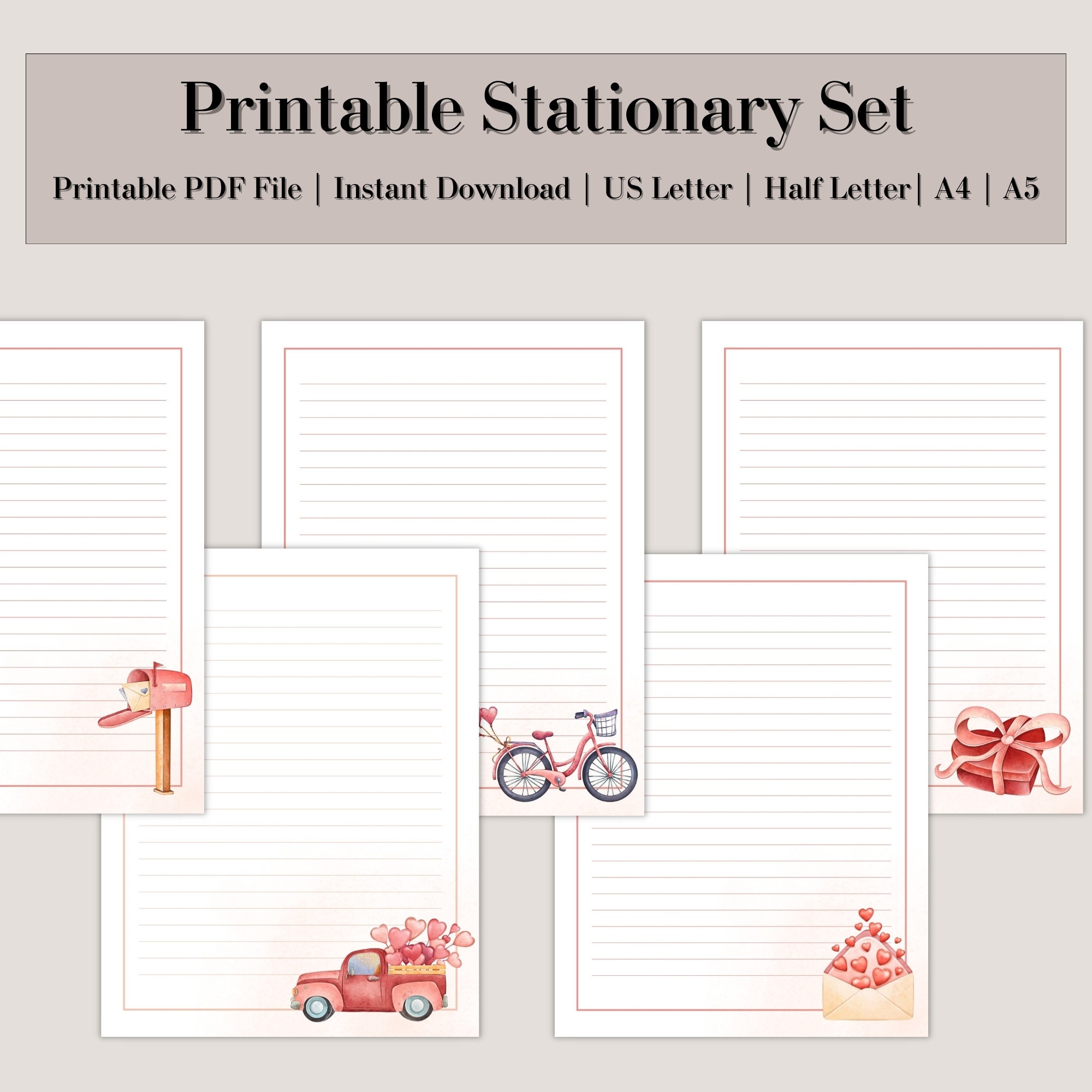 Valentines Day Digital Letter Writing Stationery Paper Set, Lined ...