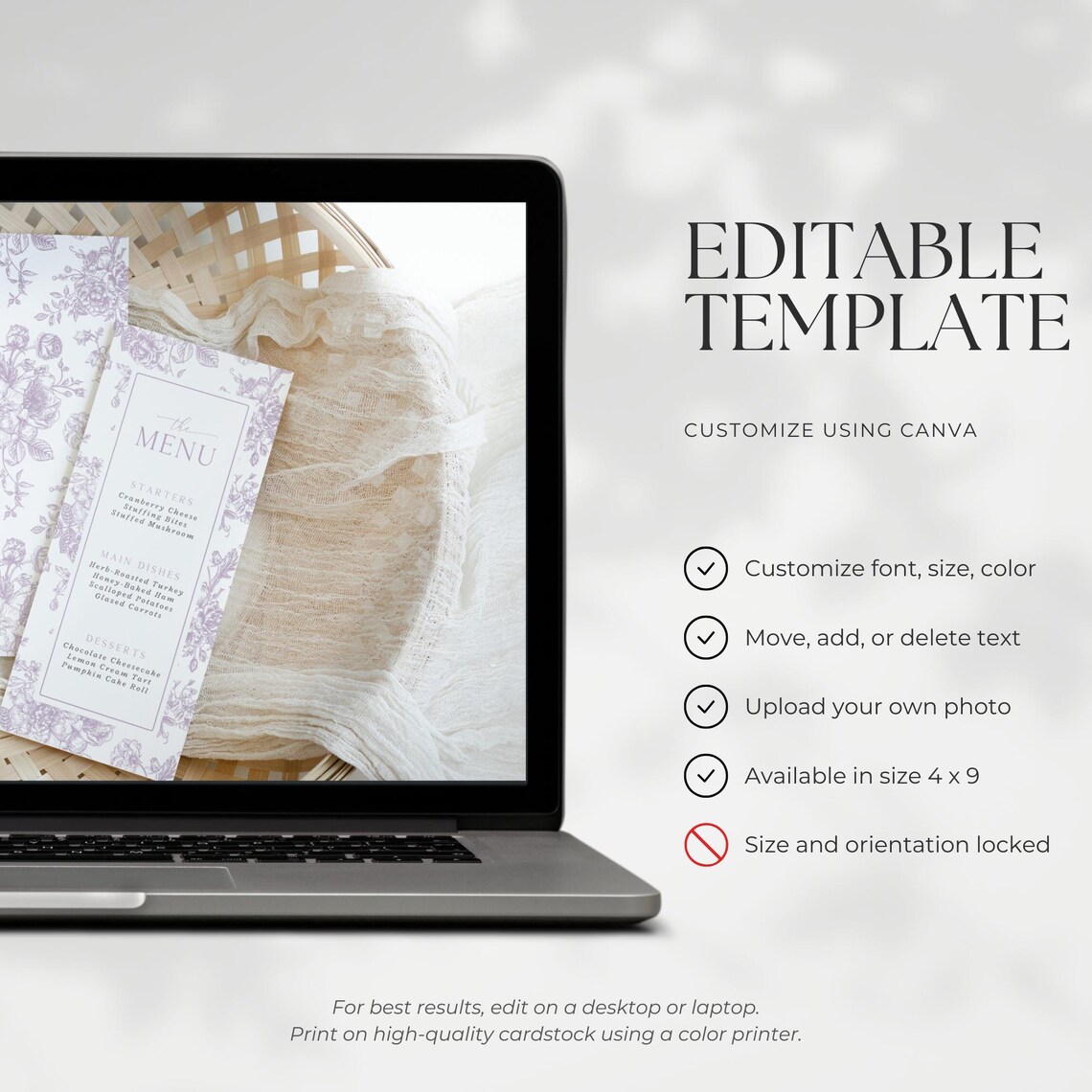 Lavender Toile Menu Template: Editable Wedding, Shower, or Event ...