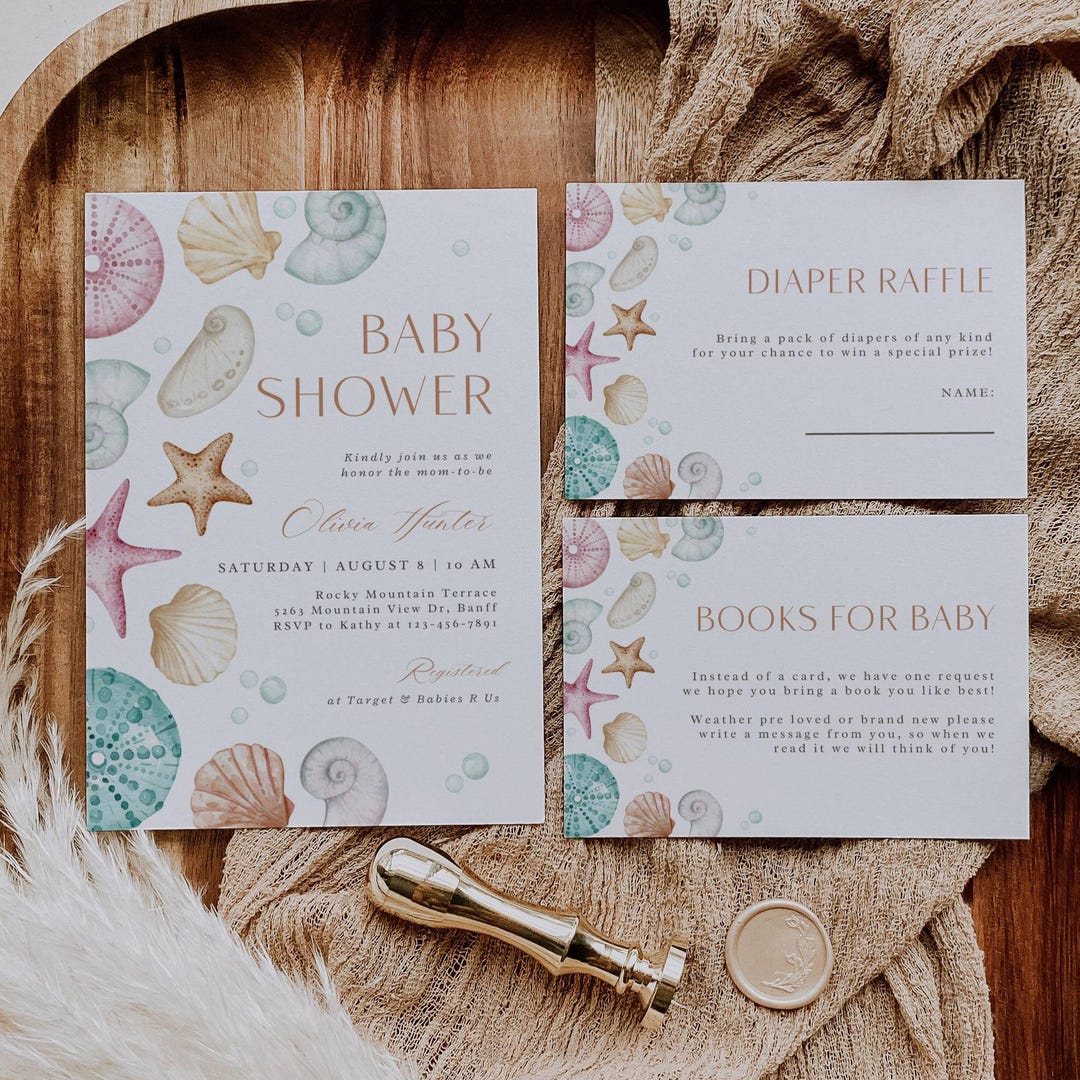 Coastal Baby Shower Invitations Printable Set Beach Themed Watercolor ...