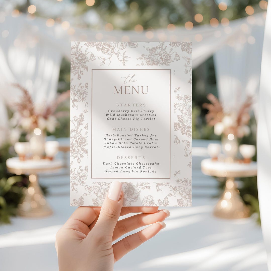 Beige Floral Toile Wedding Menu Template: Elegant Printable Dinner Card ...