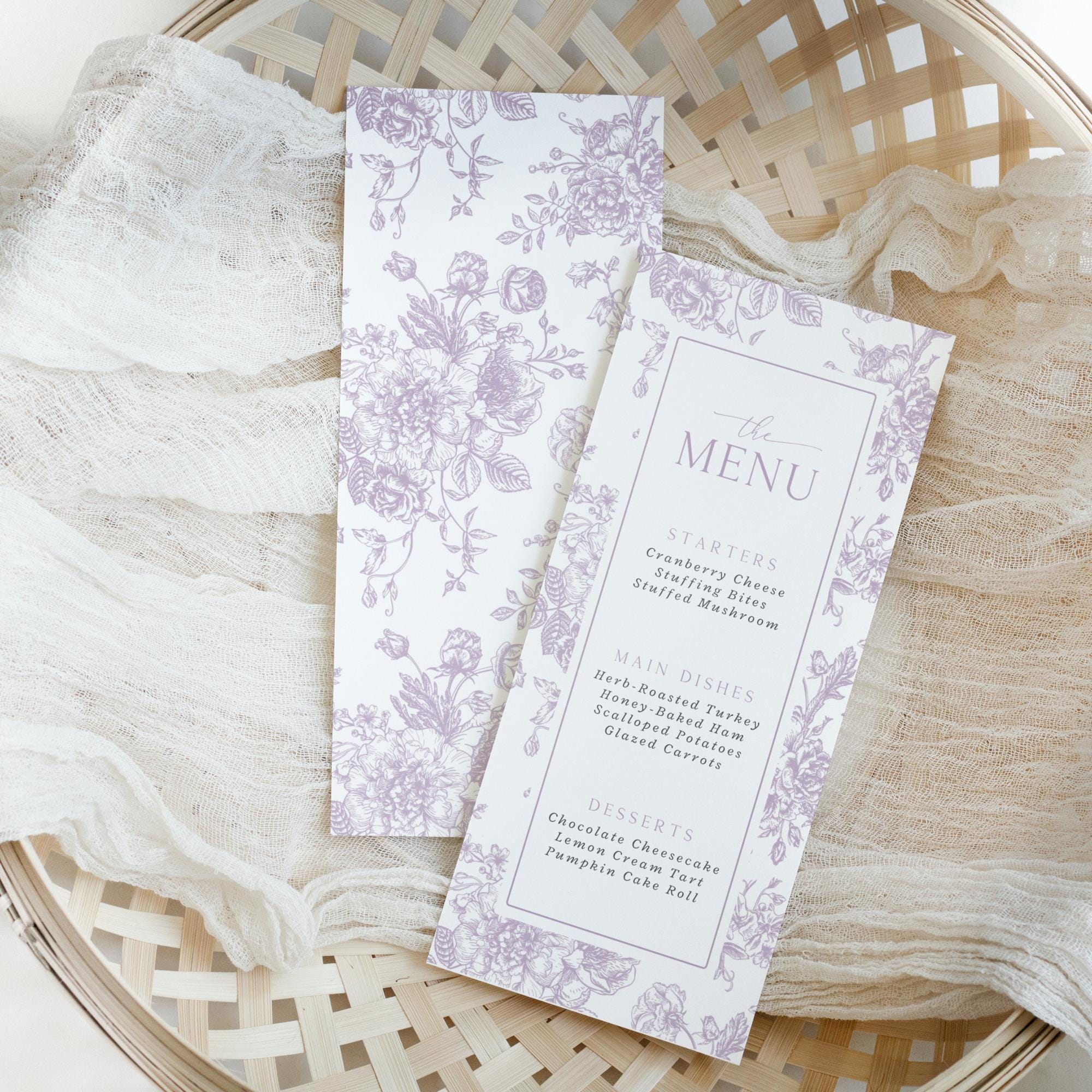Lavender Toile Menu Template: Editable Wedding, Shower, or Event ...