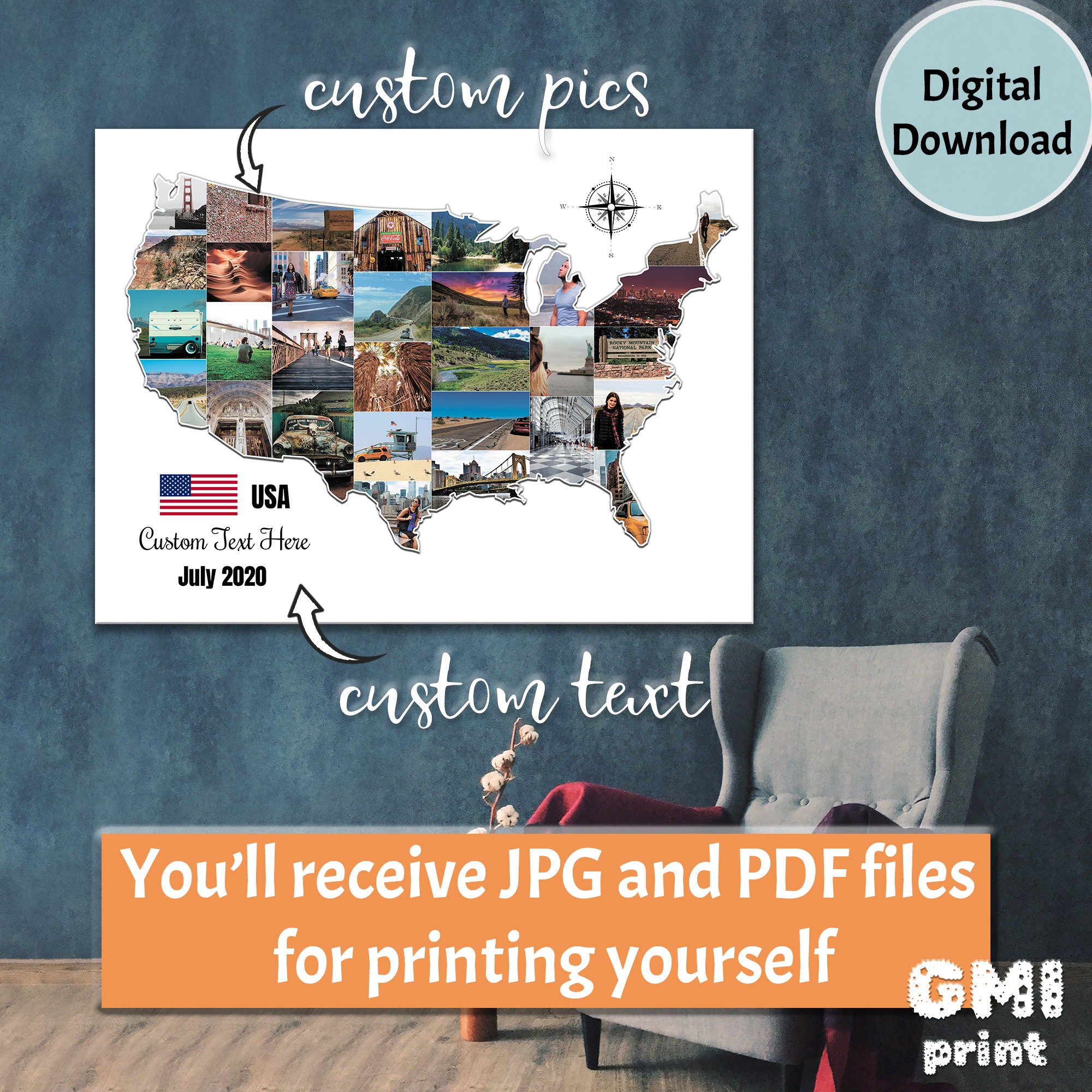 USA Photo Collage, American MAP Collage, Wedding Gift, Honeymoon Photo ...