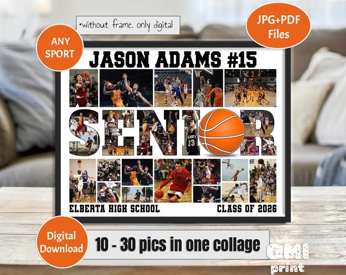 Senior Basketball Photo Collage, Custom Team Gift for Player, Digital ...