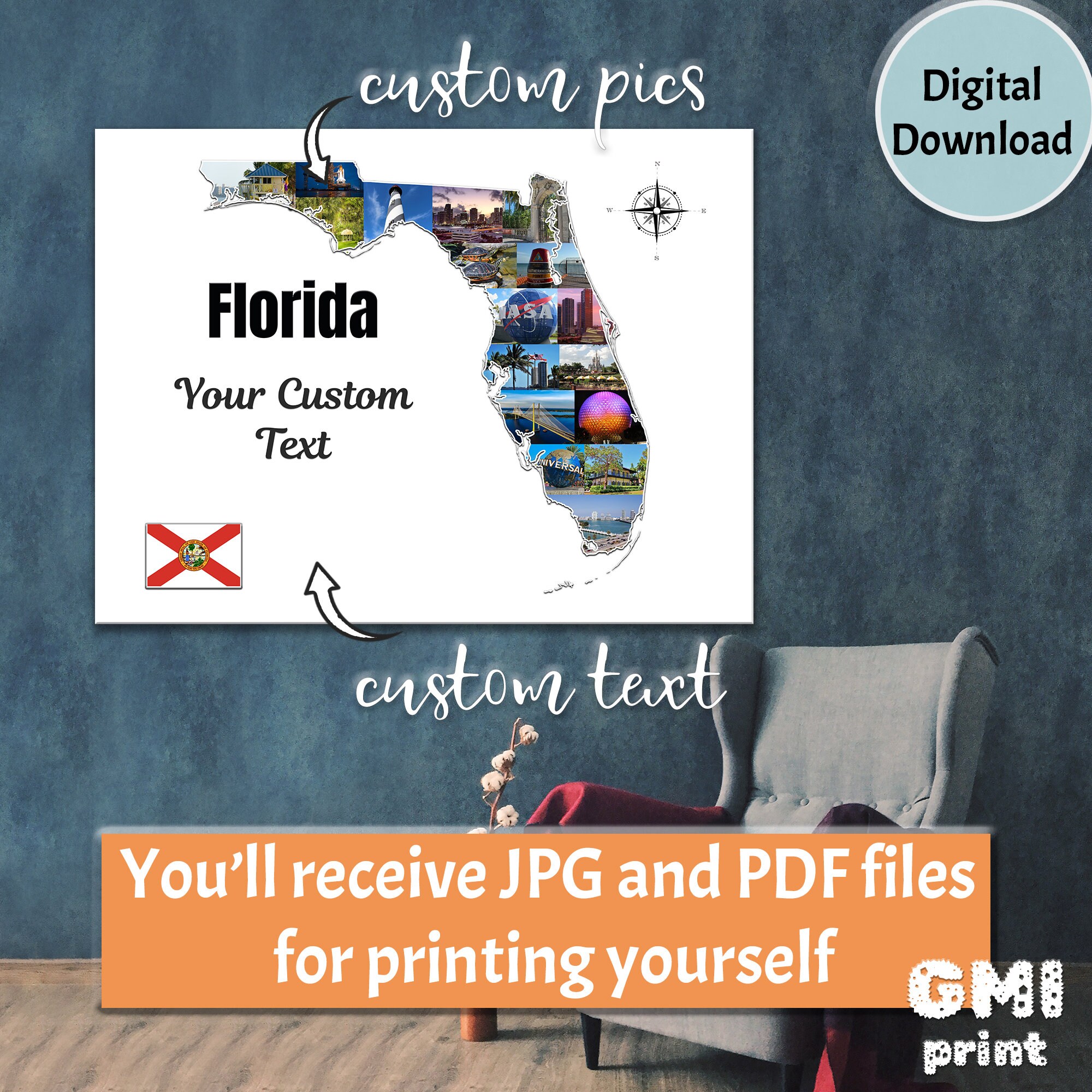 Florida Photo Collage, USA State Photo Gift, Wedding Gift, Vacation Map ...
