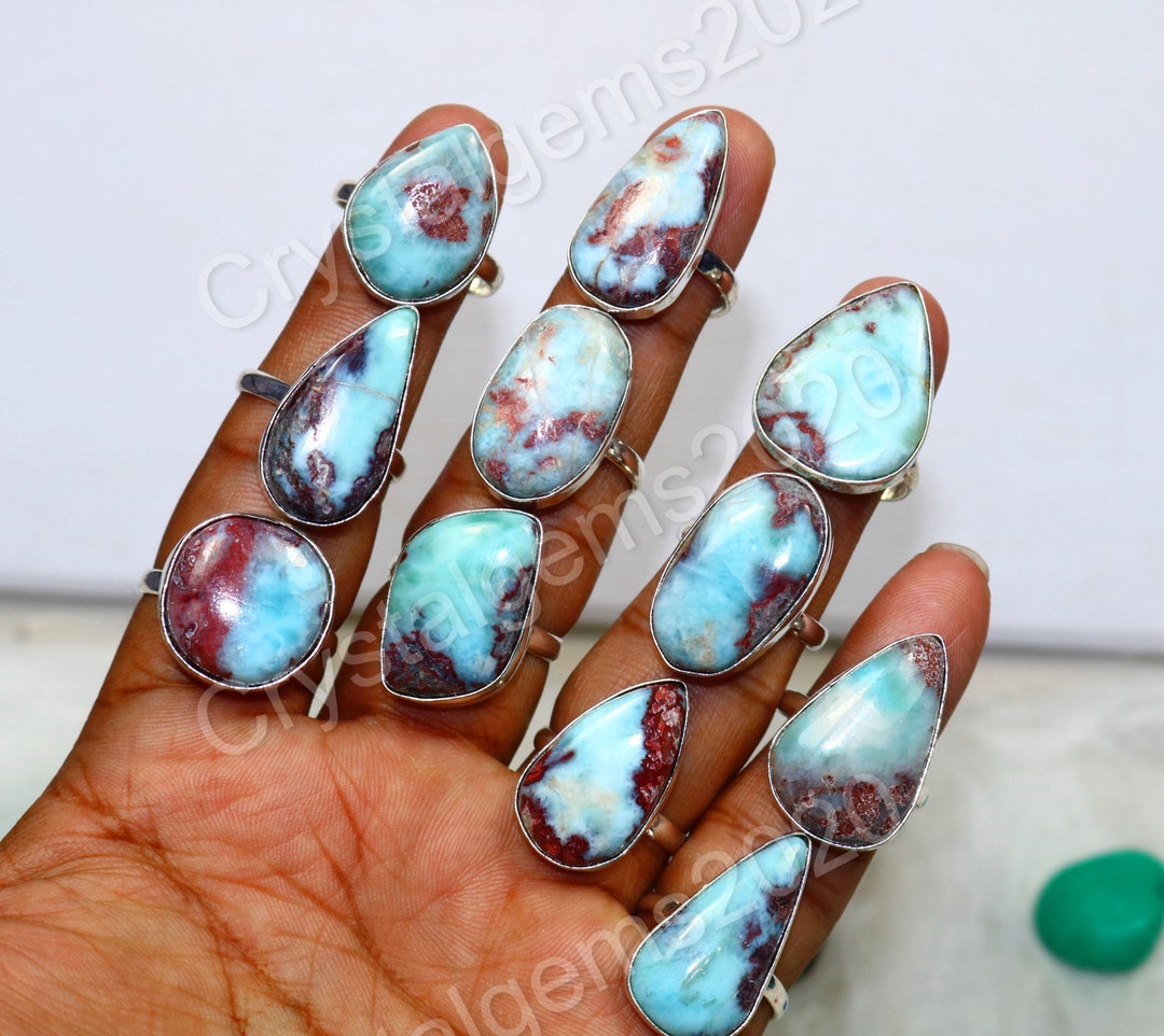 Natural Larimar Gemstone Ring, Larimar 925 Silver Plated Bezel Rings Jewelry Size 6 to 10 ...