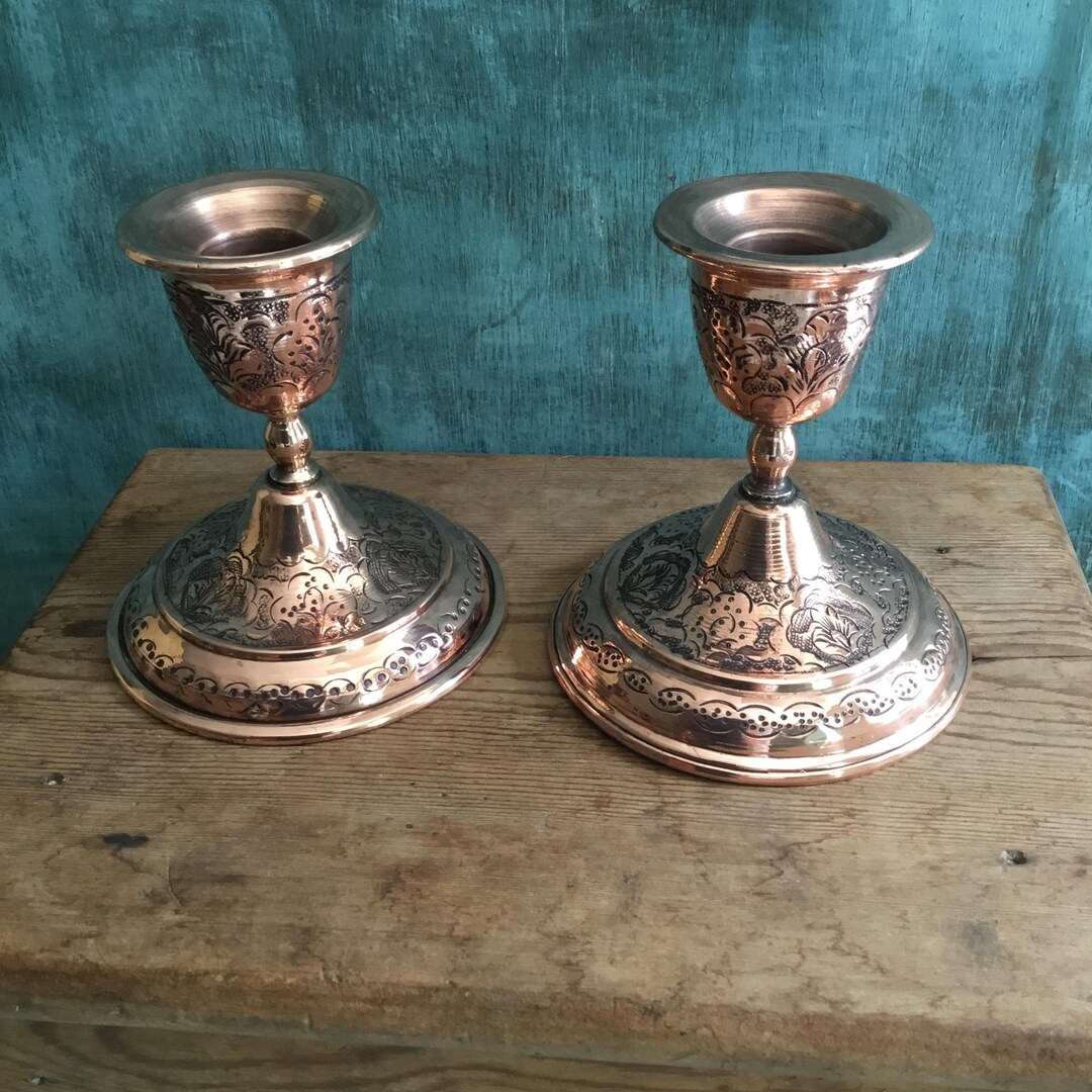 Pair of Unusual Copper Candlesticks, Engraved Pattern Copper - Etsy
