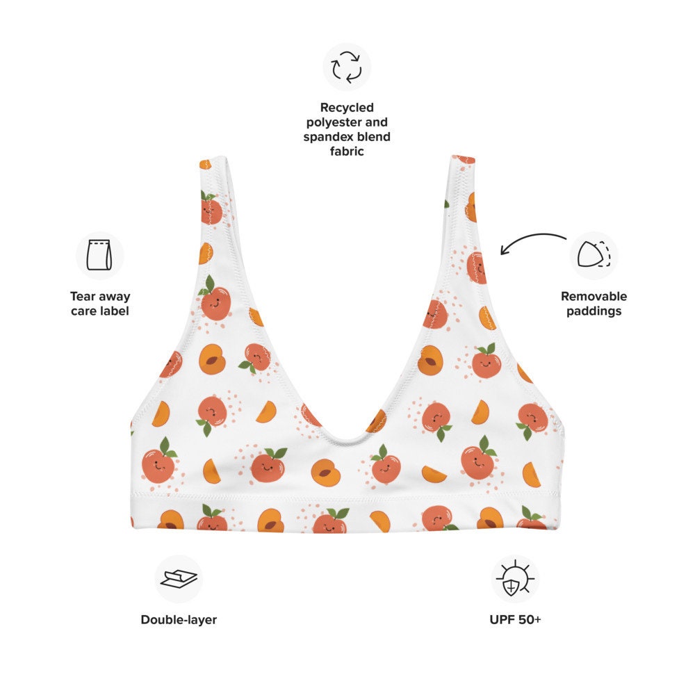Peach Print Bikini Top, Recyled Padded Bikini, Peaches, Cute Bikini Top ...
