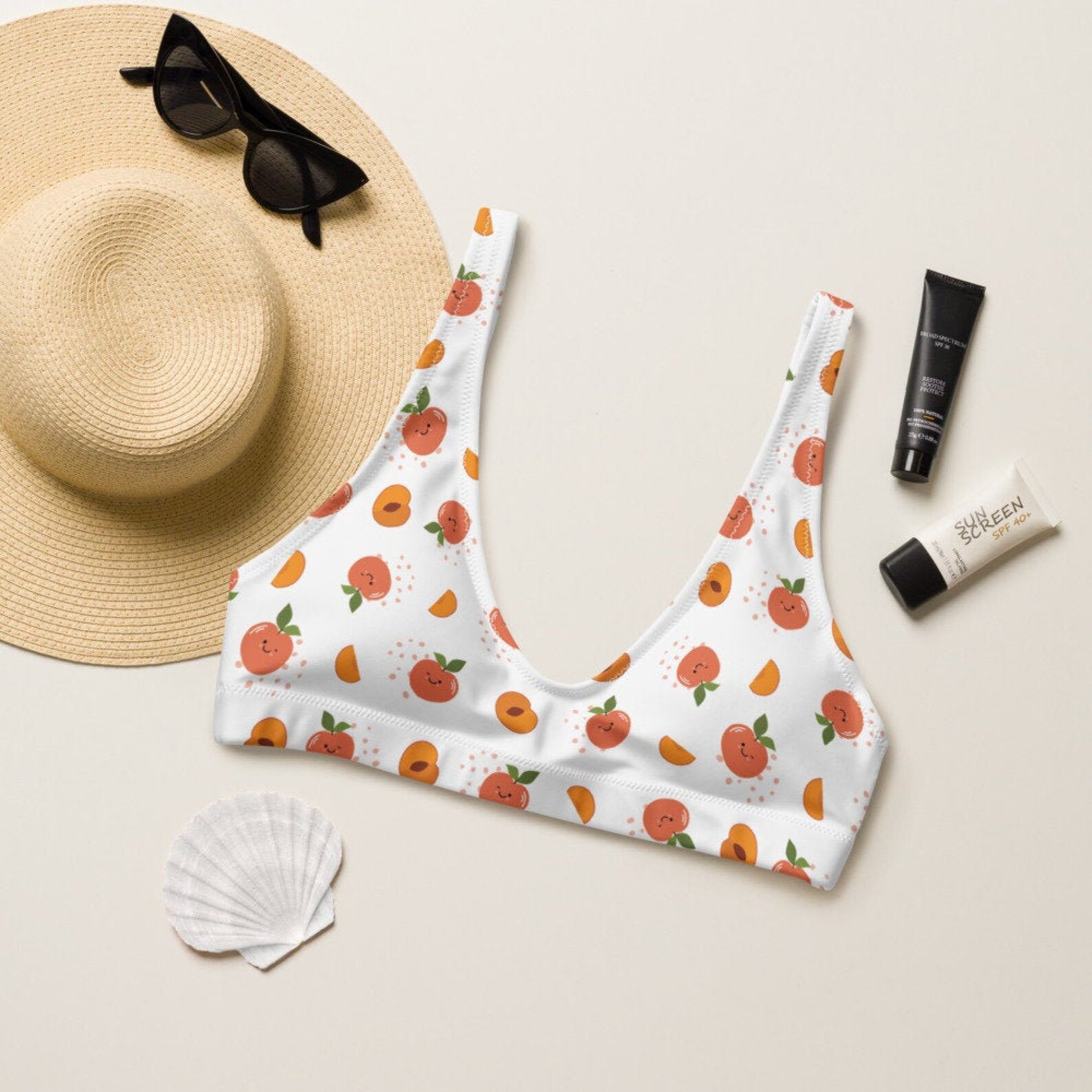 Peach Print Bikini Top, Recyled Padded Bikini, Peaches, Cute Bikini Top ...