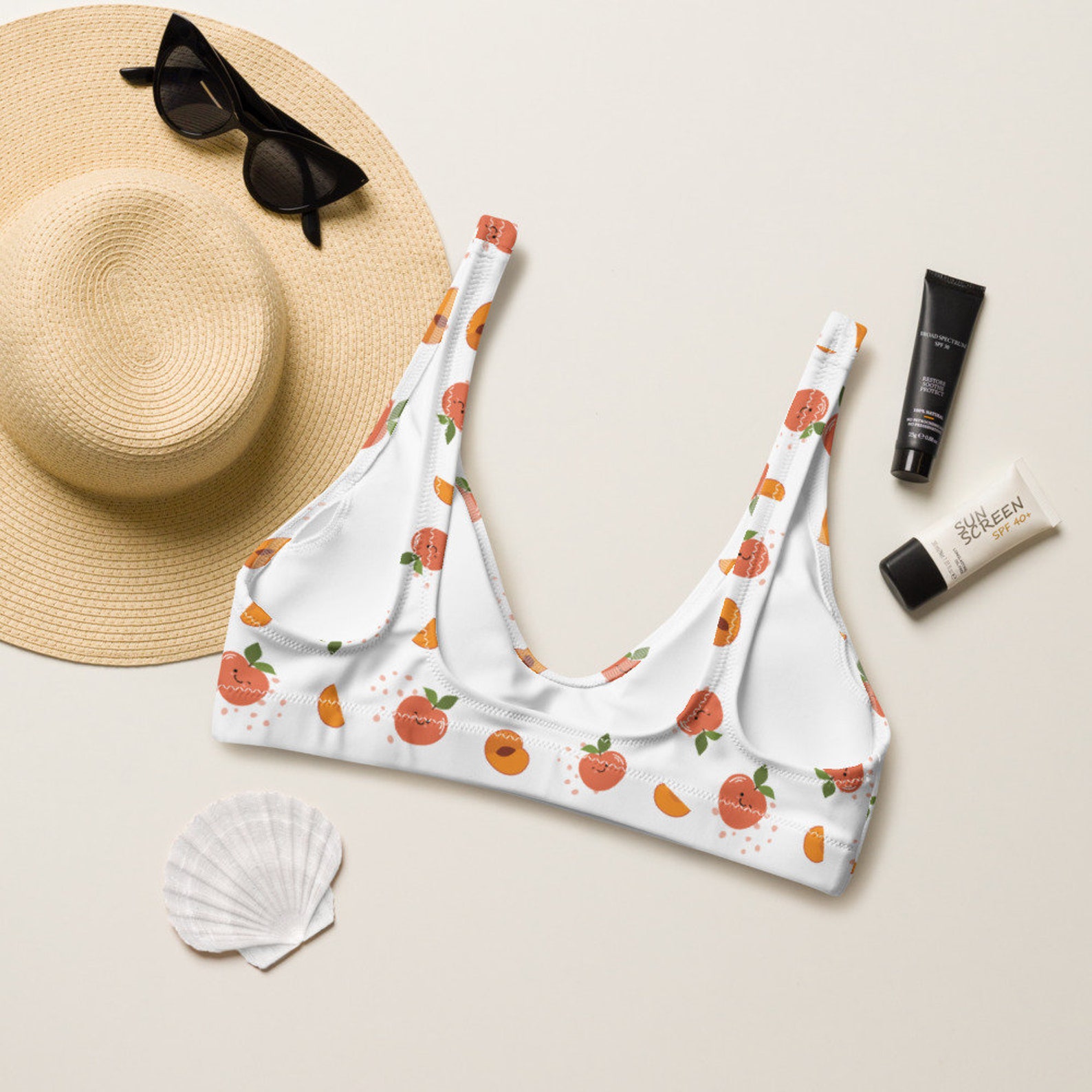 Peach Print Bikini Top, Recyled Padded Bikini, Peaches, Cute Bikini Top ...