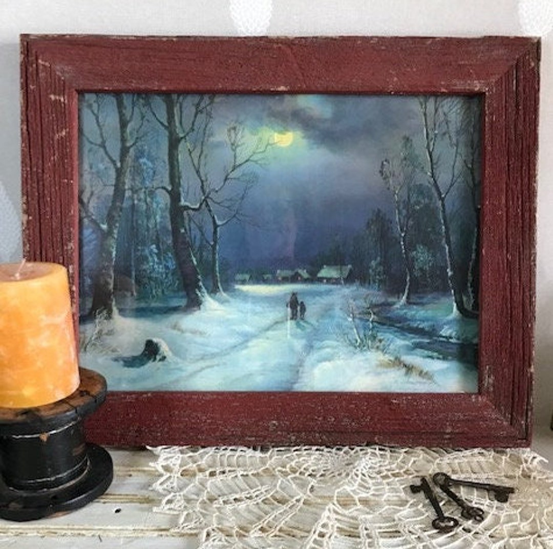 Vintage Winter Scene Lithograph; Red Barnwood Frame With Glass; Wm ...