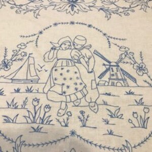 Vintage Embroidered Dutch Scene Wall Hanging; Blue and White Hand Made ...