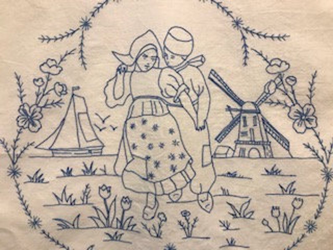 Vintage Embroidered Dutch Scene Wall Hanging; Blue and White Hand Made ...