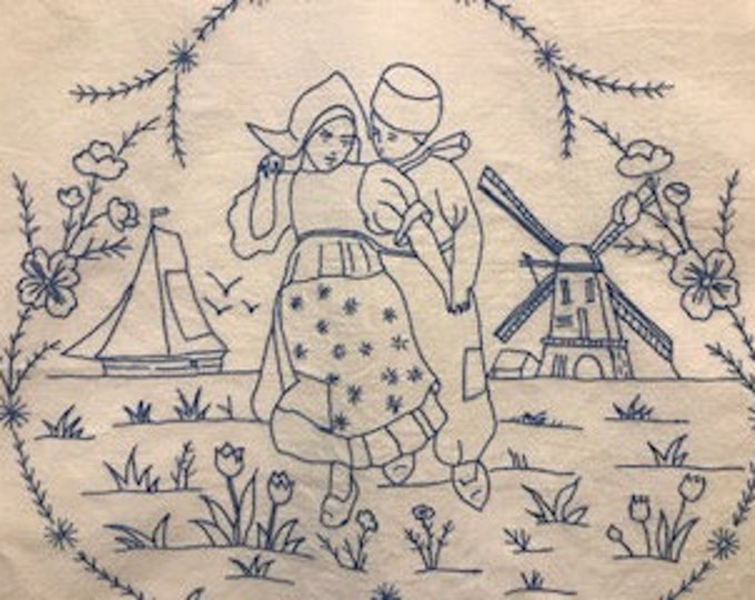 Vintage Embroidered Dutch Scene Wall Hanging; Blue and White Hand Made ...