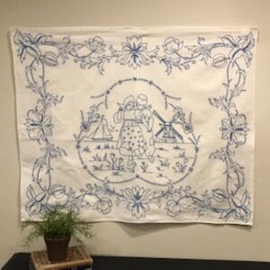 Vintage Embroidered Dutch Scene Wall Hanging; Blue and White Hand Made ...