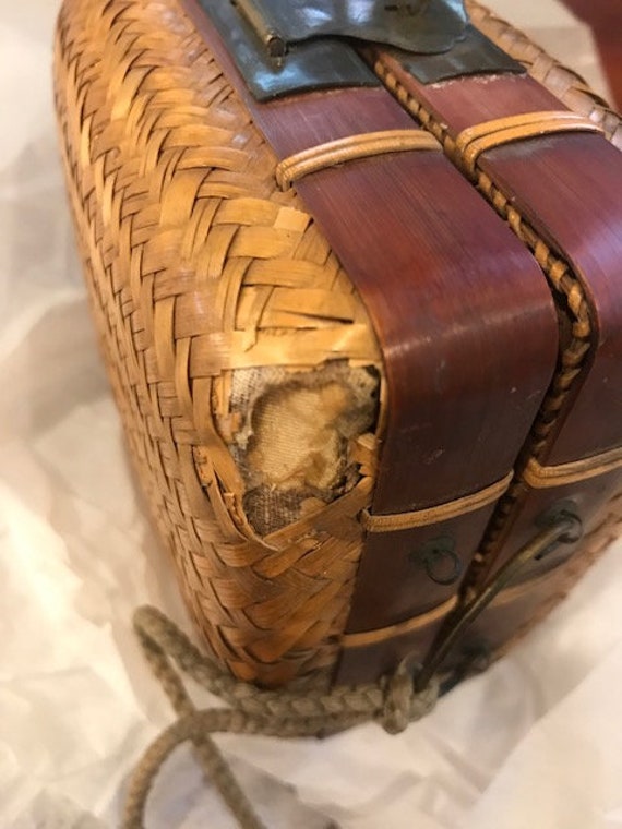 Rare Japanese Woven Bamboo Bento Box; Metal Handle an… - Gem