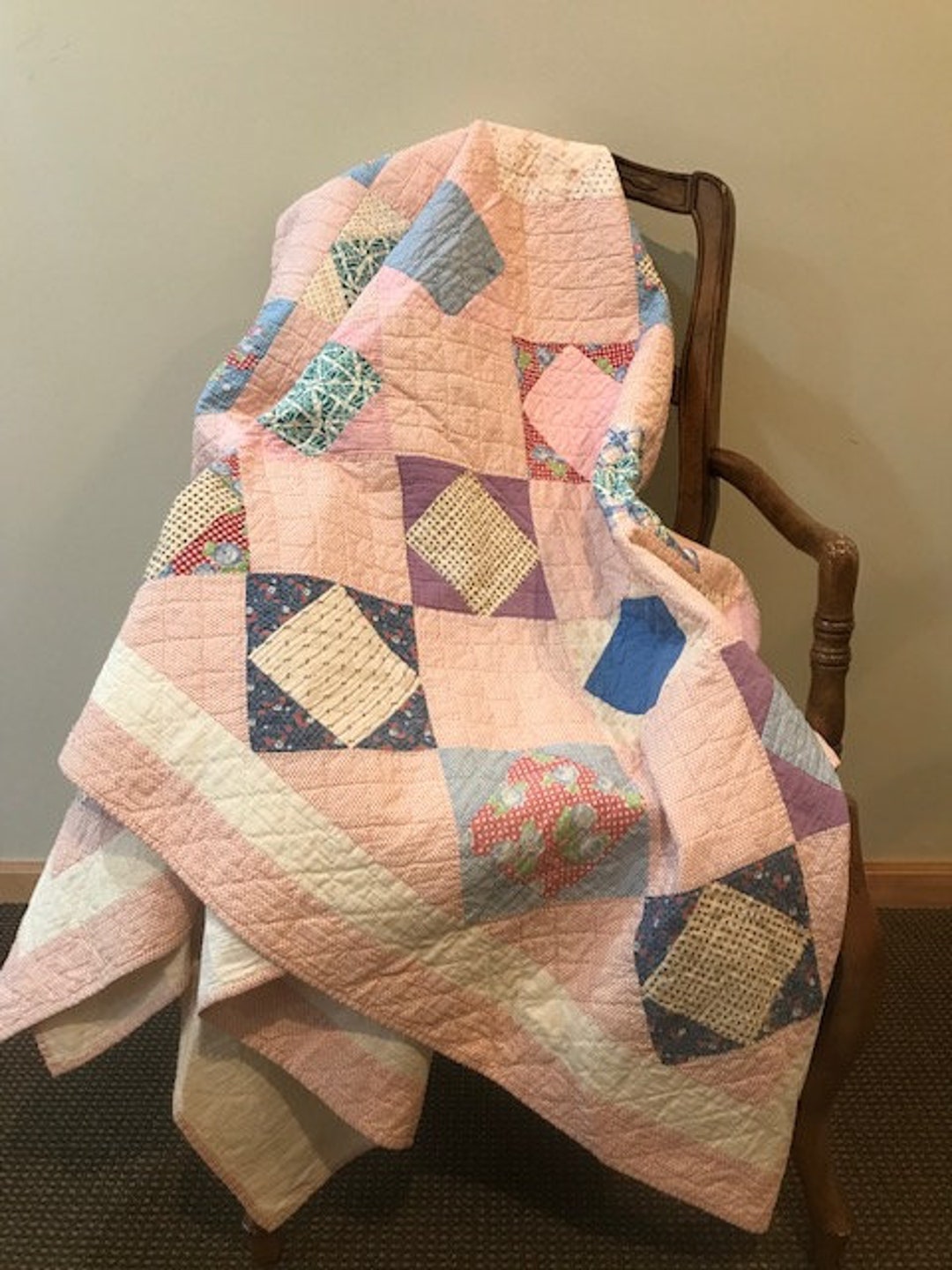 Antique Hand Made Quilt Square in Square Pattern Soft Colors Vintage ...