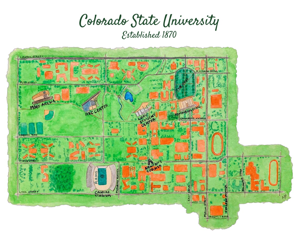 Colorado State University Campus Map Watercolor Print | Etsy