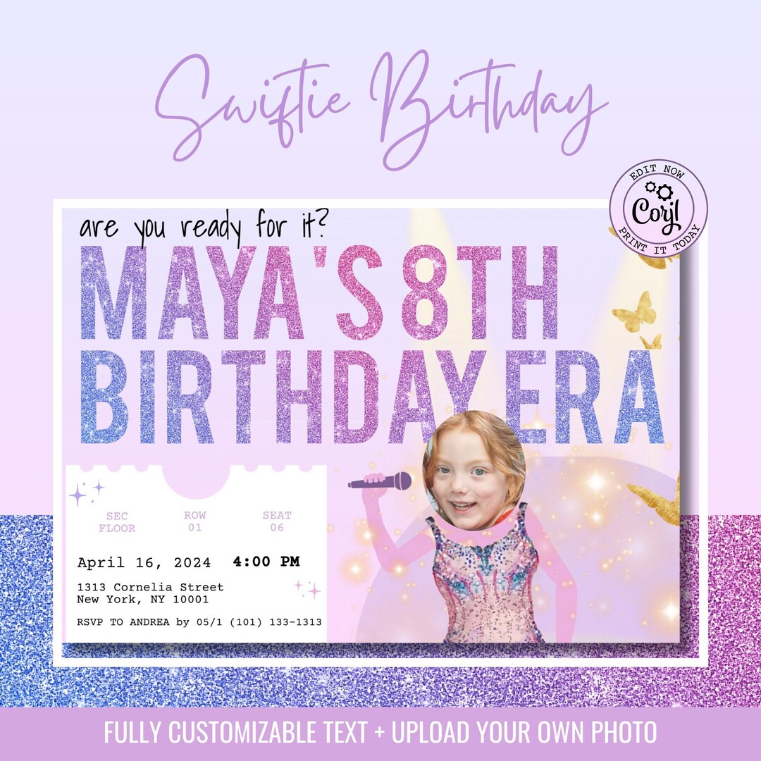 Swiftie Birthday Invitation- Add Your Own Face - Glitter Text - Lover ...