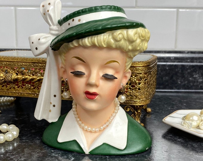 Vintage Lady Head Vase 1956 Napco Japan C2633b Ceramic Green Vase W