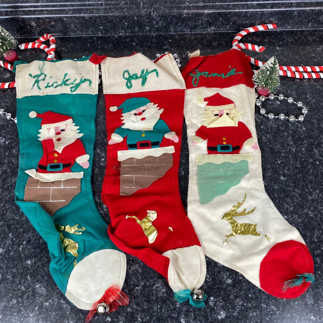 Vintage Japan Felt 18 Christmas Stocking Set of 3, Santa in Chimney ...