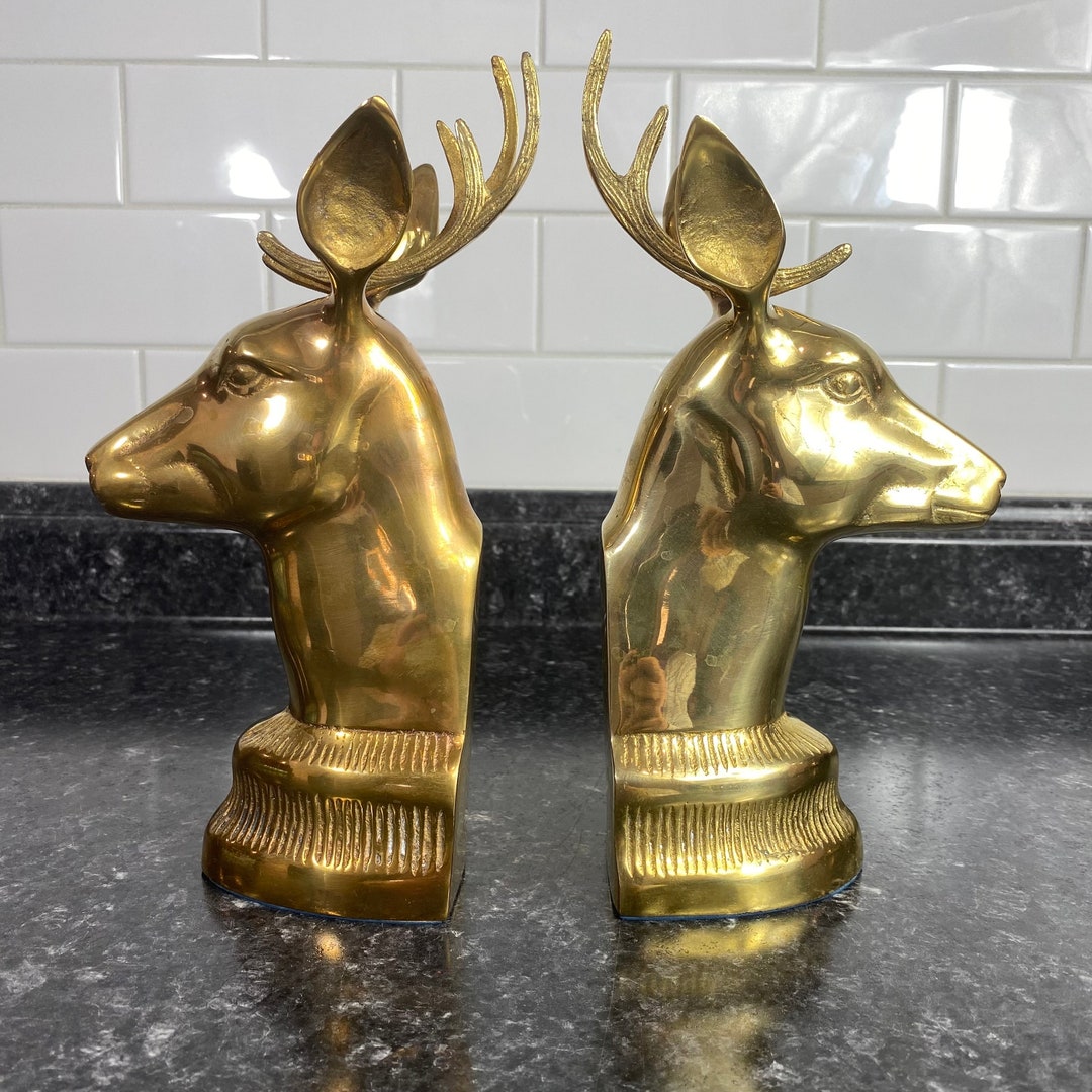 Vintage Brass Stag Deer Bust Bookends Pair, Art Deco Hollywood Regency ...