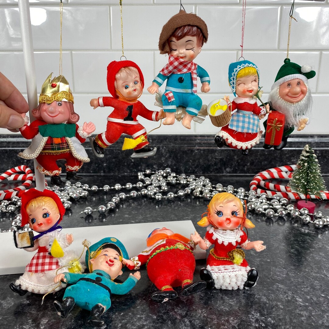 Vintage Flocked Christmas Ornaments, Large Lot of 9 Figurines Plastic ...