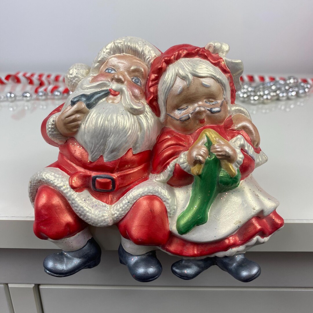 Vintage Ceramic Santa and Mrs. Claus Shelf Sitter, Iridescent Christmas ...