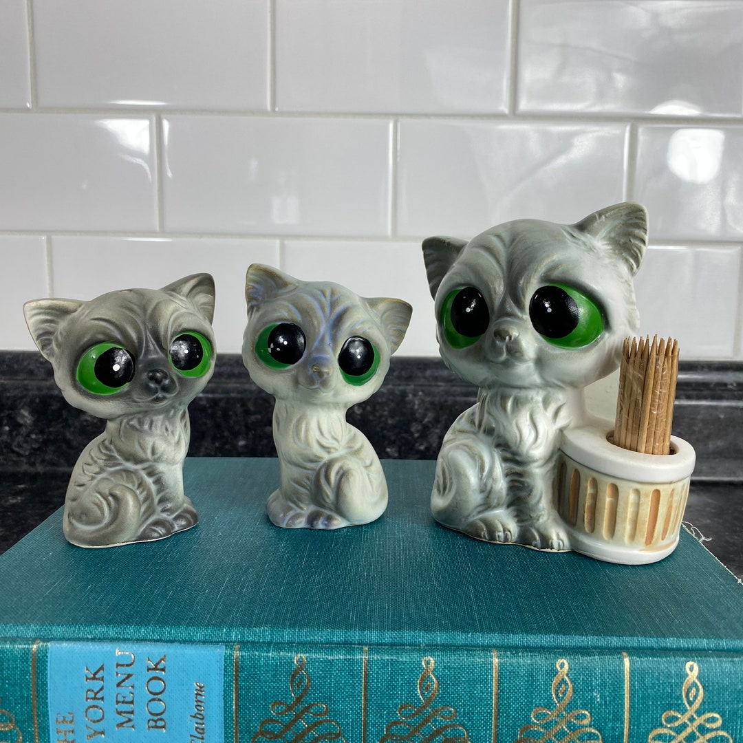 Vintage Big Eye Cat Napkin Toothpick Holder Salt & Pepper Set Japan ...