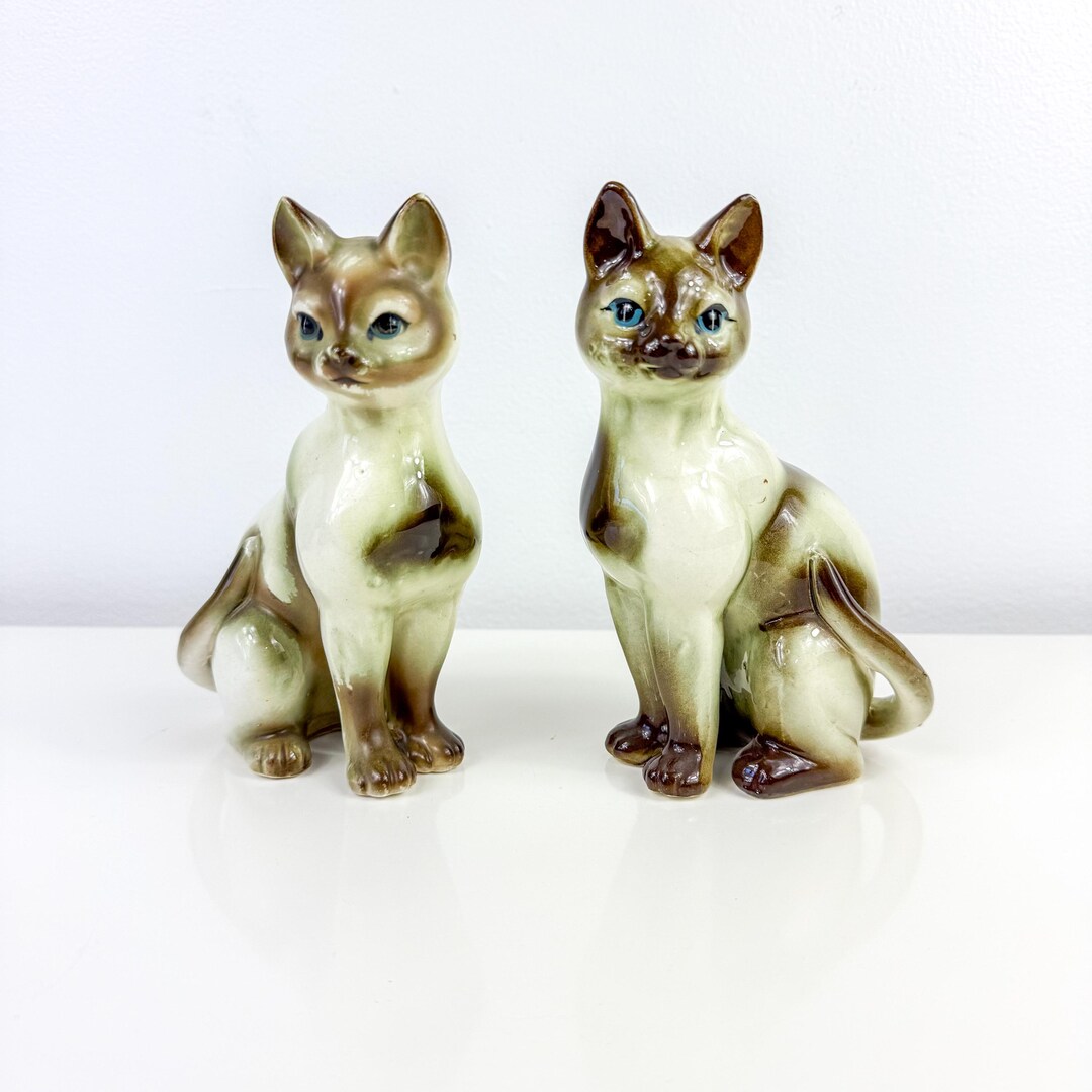 Vintage Siamese Cat Figurine Set, Ceramic Cat Sculpture W/blue Eyes ...