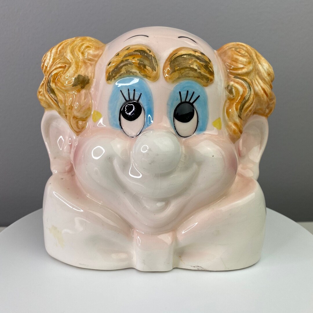 Vintage Clown Head Vase Planter | Bald Clown Big Smile Long Eyelashes ...