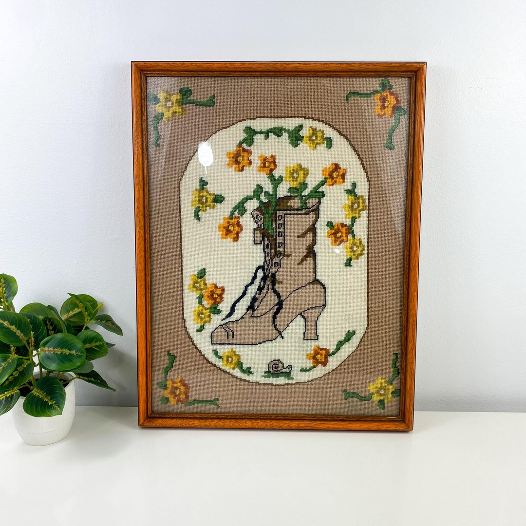 Vintage Needlepoint Victorian Boot Wall Hanging Picture, Hand Crafted ...