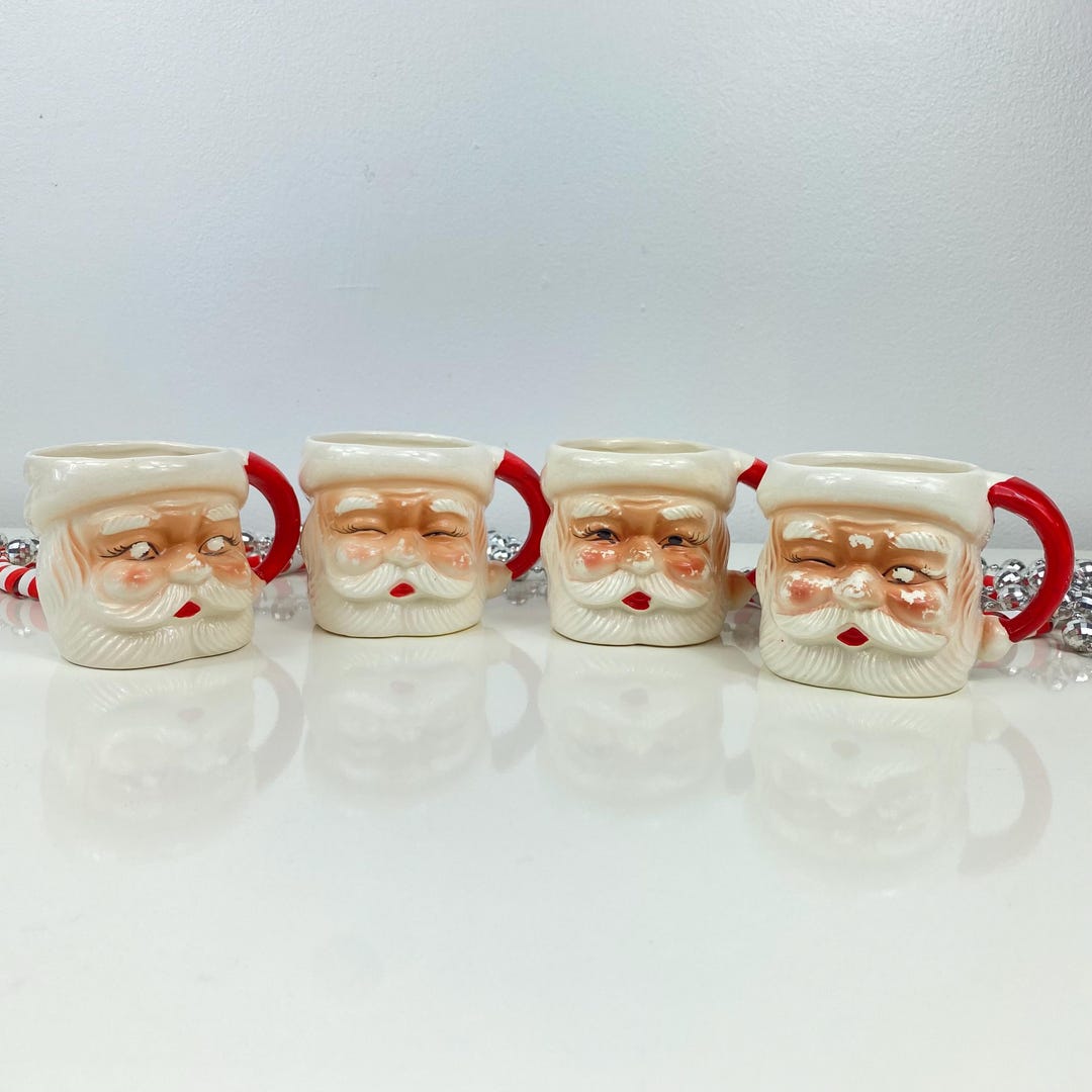 Vintage Winking Santa Clause Face Mug Set of 4, Ceramic Hand Painted ...