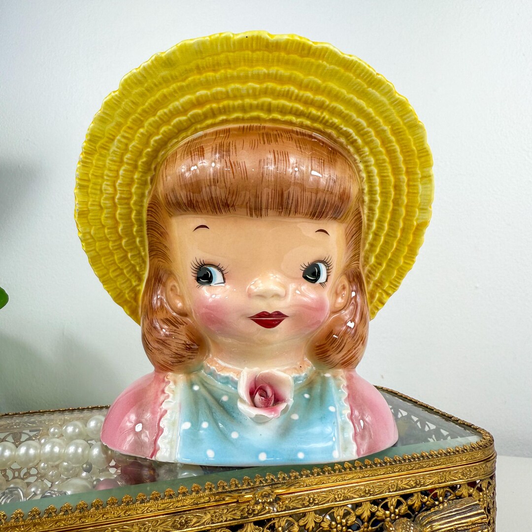 Vintage Geo Z Lefton "becky Thatcher" Head Vase W/straw Hat, 1956 ...