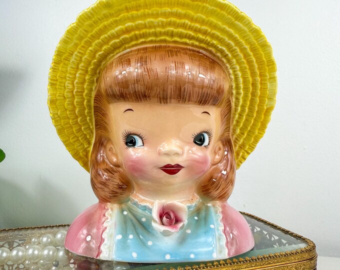 Vintage Geo Z Lefton "becky Thatcher" Head Vase W/straw Hat, 1956 ...