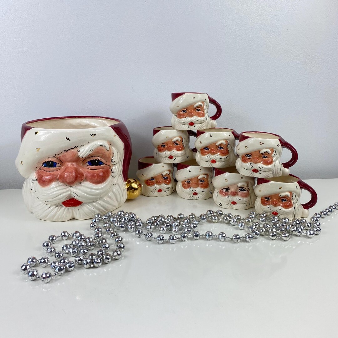 Vintage Hand Painted MCM Santa Claus Punch Bowl W/8 Santa Face Mugs ...