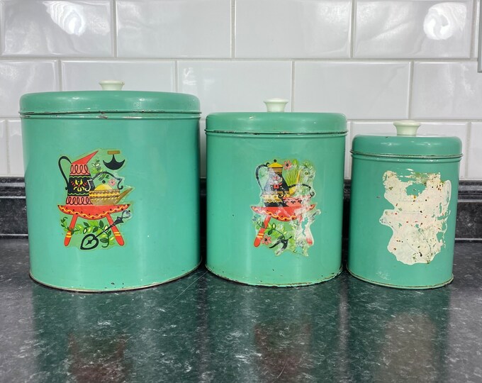 Vintage Tin Canister Set of 3, Kitchen Utensils, Coffee Pot, Tea Pot ...