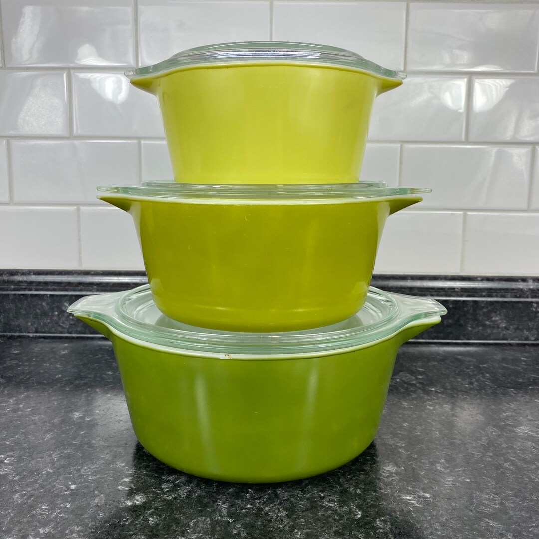 Vintage Pyrex 1960's Verde 3 Pc. Round Casserole Set W/lids Pyrex 473 ...