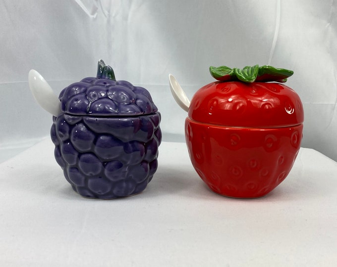 Vintage Ceramic Strawberry and Grape Jam Jars W/spoons Made in Japan ...