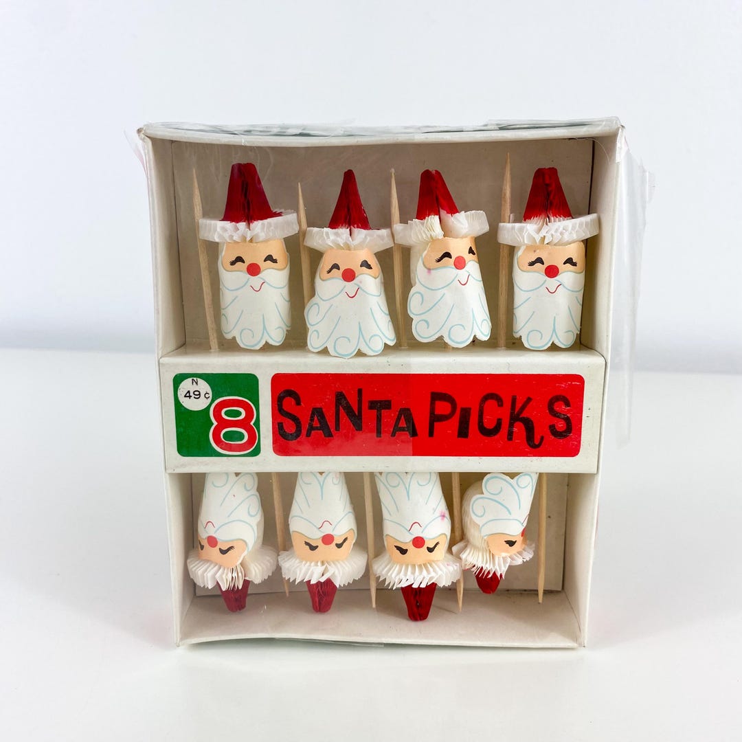 Ten 1960s Honeycomb Santa Claus Cocktail or Cupcake Picks, Original Box ...