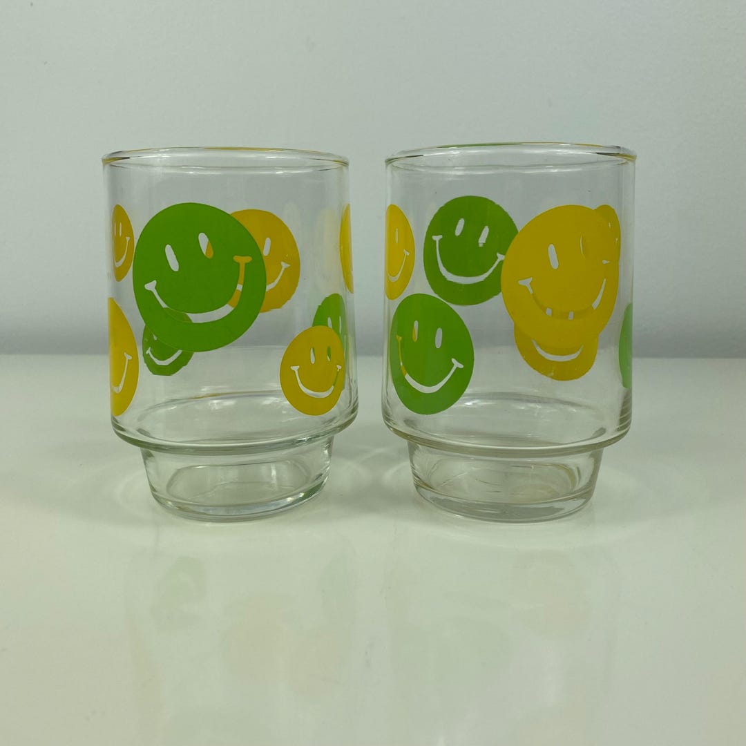Retro Stacking Smiley Face Emoji Drinking Glass Set of Two, Vintage ...