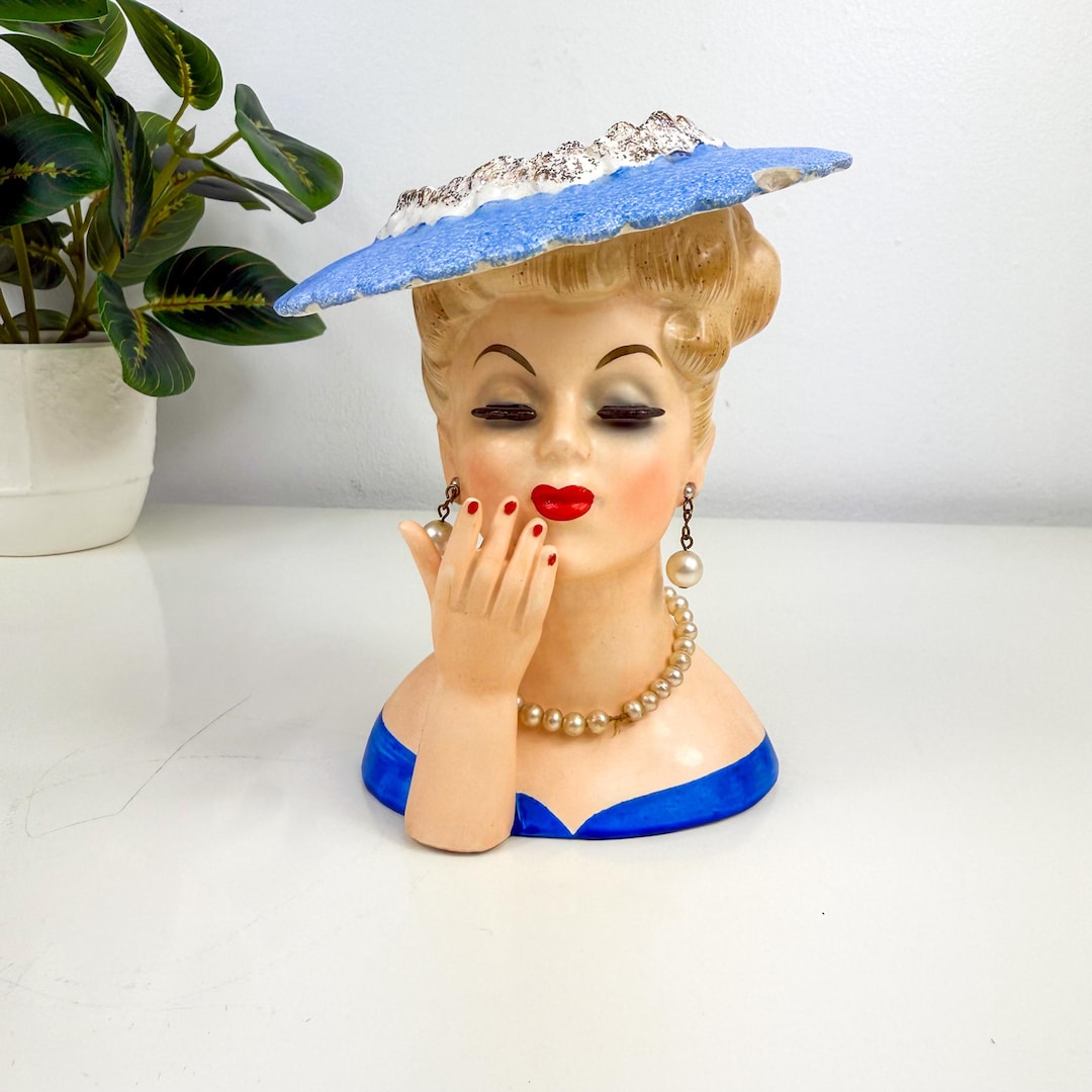 Vintage Lady Head Vase Napco 1956 Japan C3307 Scalloped Blue Hat Gold Accents Blue Dress Hand up ...