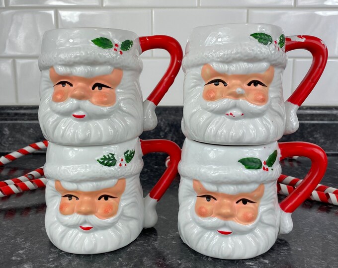 Vintage MCM Santa Face Mug Set of 4, Santa Clause Ceramic Hand Painted ...