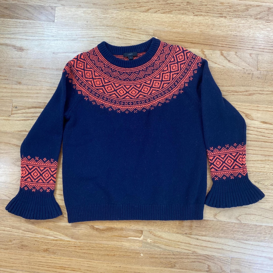 J. Crew Aspre Fair Isle Bell Sleeve Wool Sweater Size Small Navy Blue ...