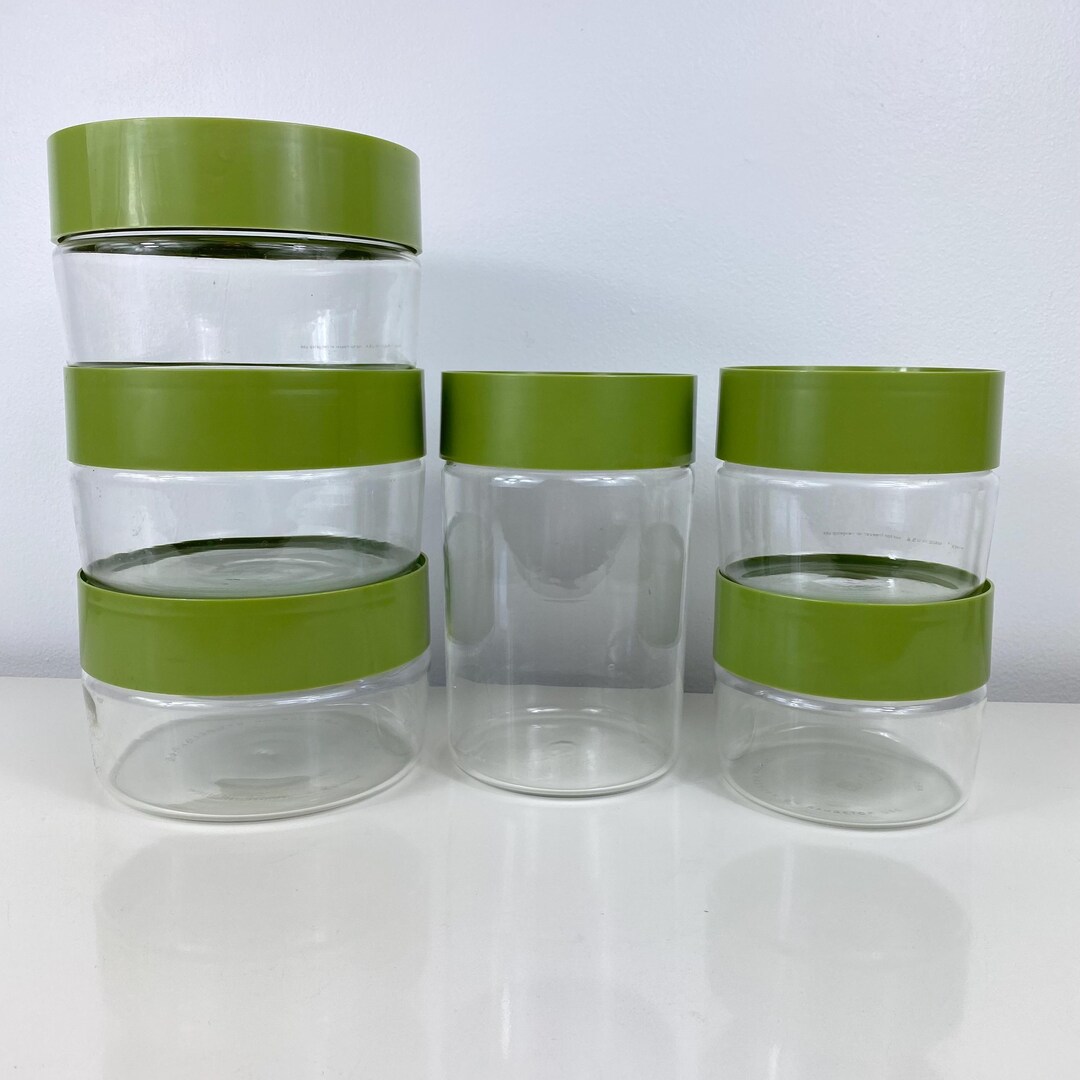 Vintage Pyrex Green Lid W/clear Glass Canisters, Store 'N See Canister ...