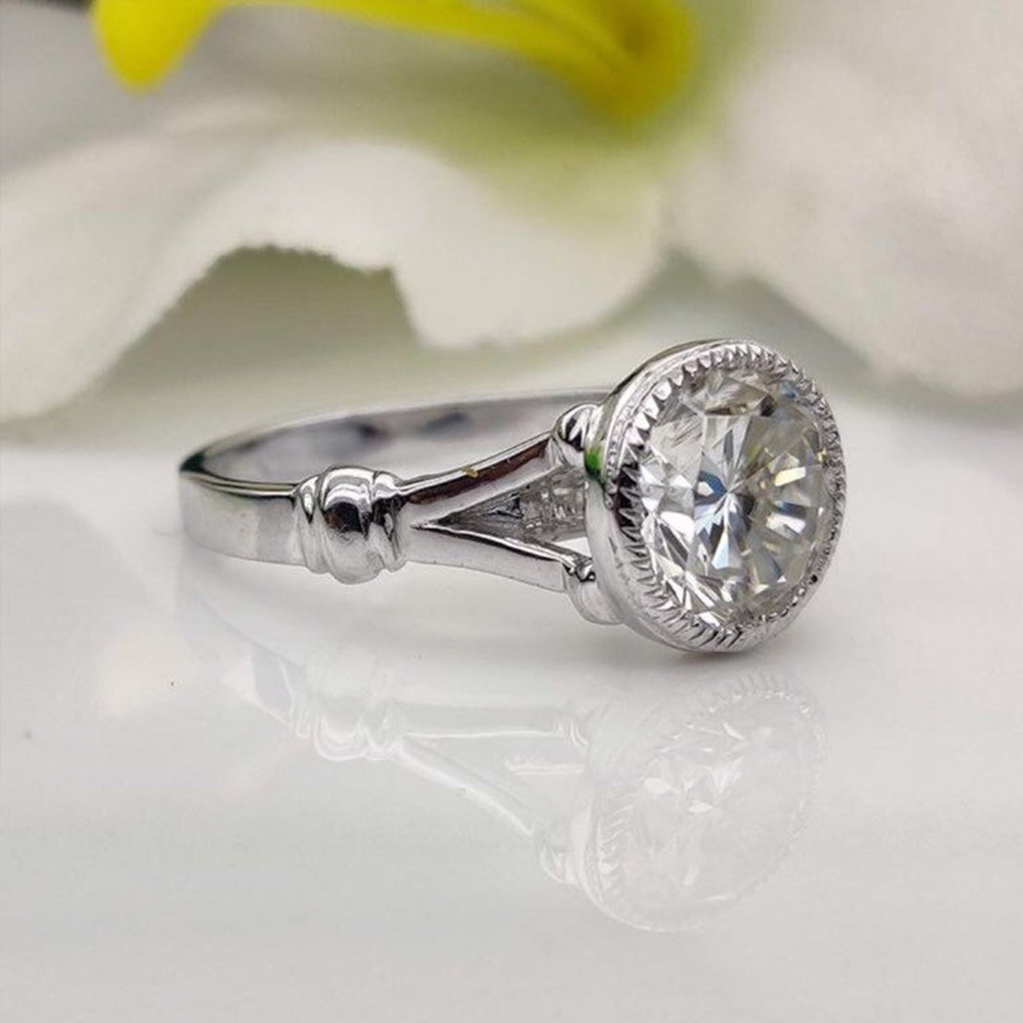 1.50 Ct Round Cut Bezel Ring Set Colourless Moissanite - Etsy