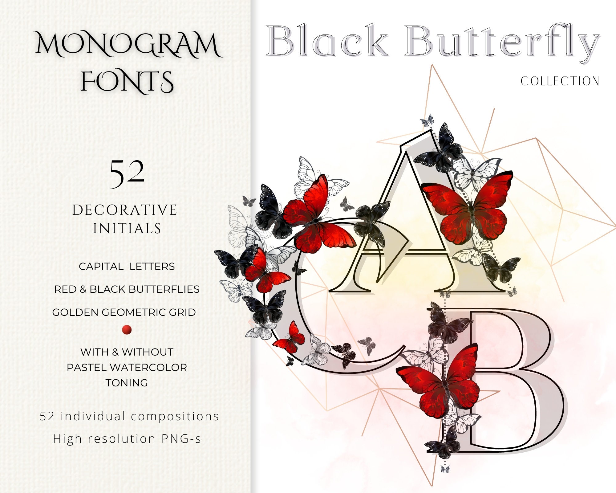 Modern Font Alphabet Initials, Red Black Butterflies Monograms, PNG ...
